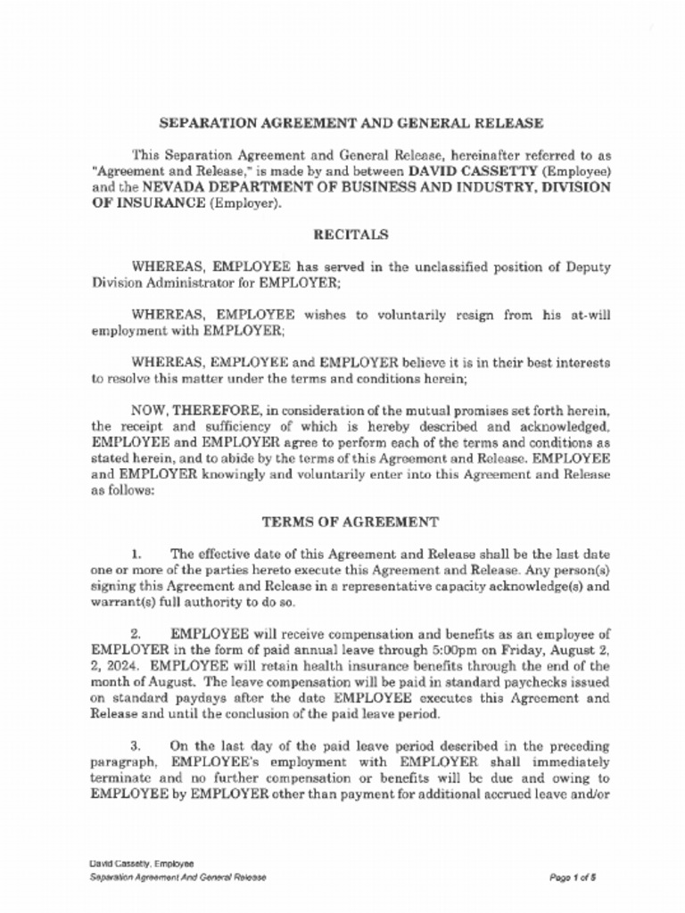 Cassetty - David - Separation Agreement - Fully Executed - Redacted | PDF