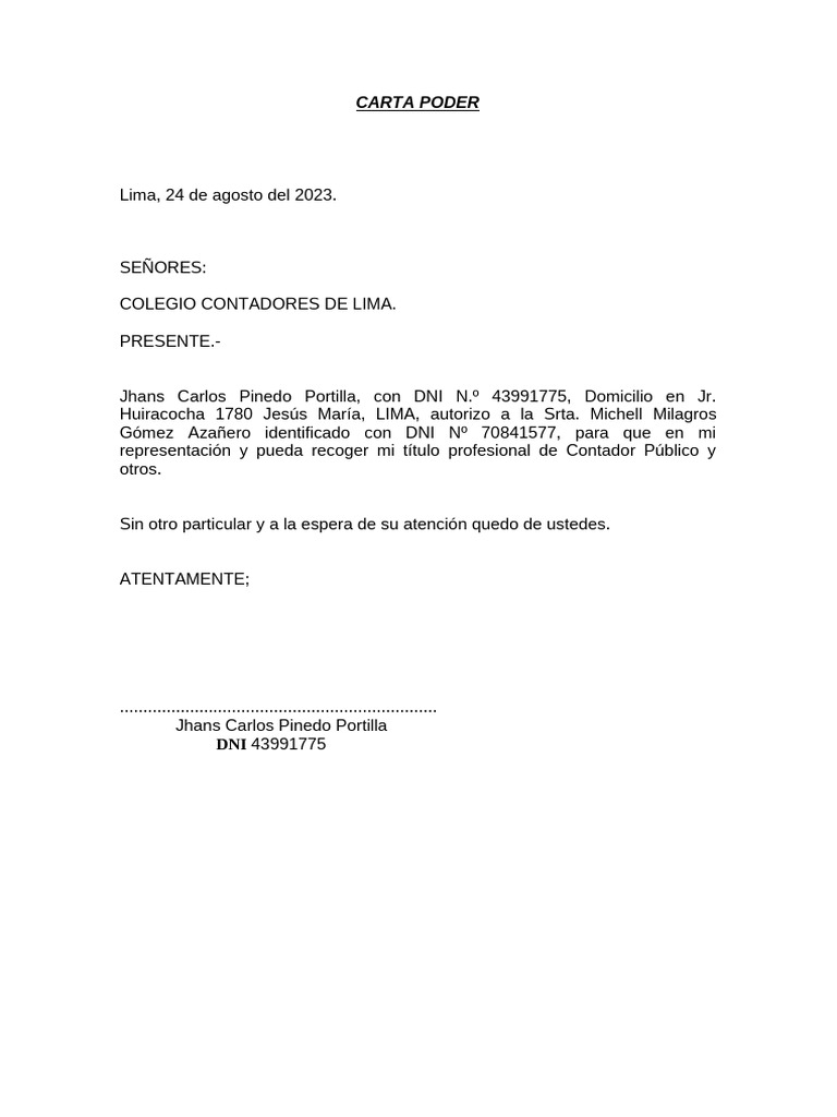 Carta Poder Simple Ucv | PDF