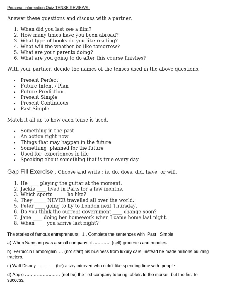 Personal Information Quiz on Tenses | PDF | Microsoft | Linguistics