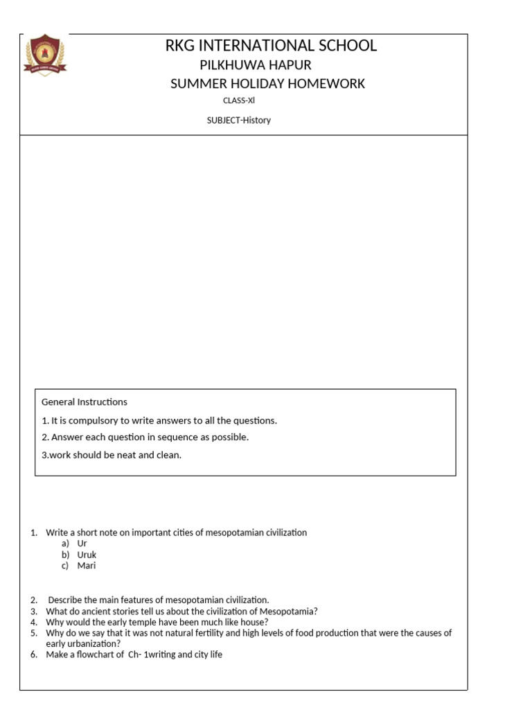 Class XI History Homework: Mesopotamia | PDF