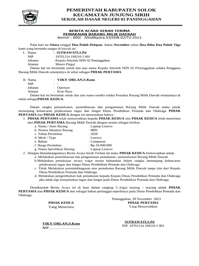 Surat Izin Pemakaian Barang Dan BAP 2023 Contoh | PDF