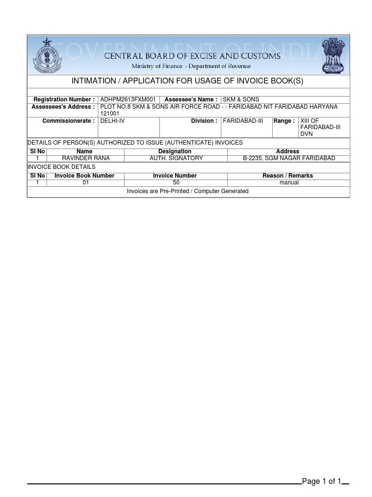 Intimation / Application For Usage of Invoice Book (S) | PDF
