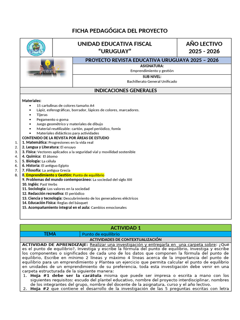 Ficha Proyecto Interdisciplinar Emprendimiento 2025 Primer Trimestre | PDF | Aprendizaje
