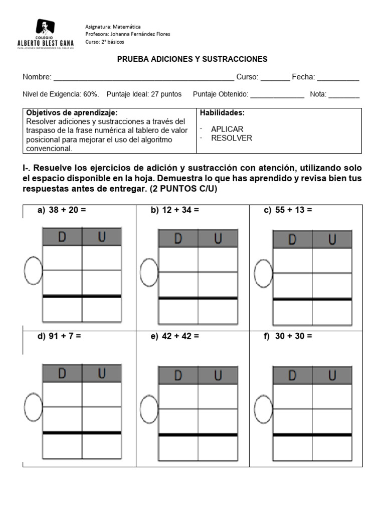 Prueba de Adiciones y Sustracciones 2° Básicos | PDF