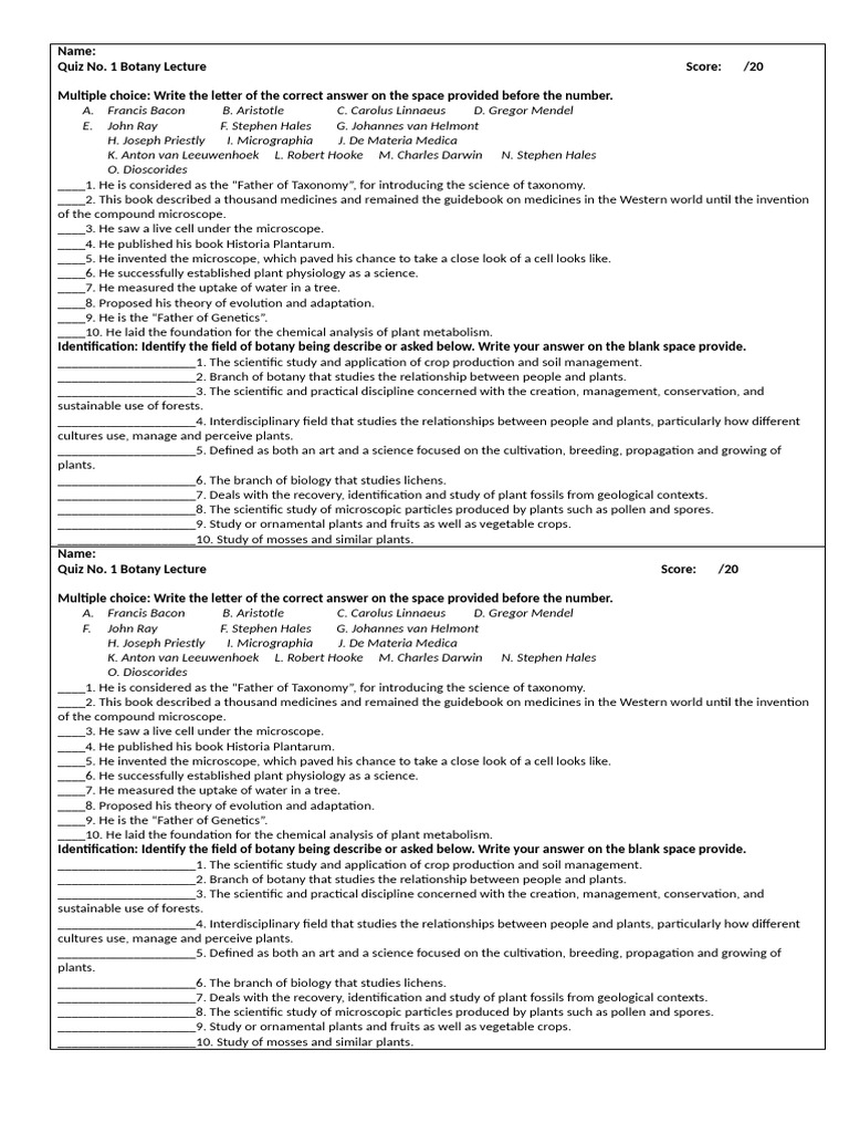 Quiz 1 and 2 Botany Lec | PDF | Plants | Botany