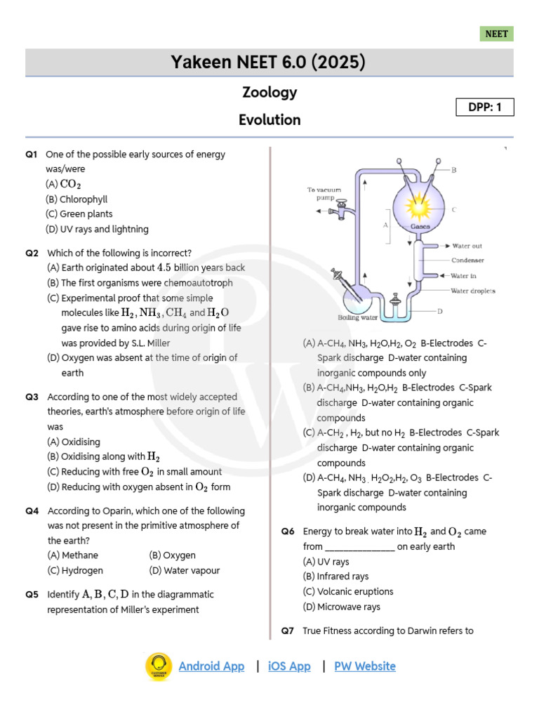 Evolution - DPP 01 - Yakeen NEET 6.0 2025 | PDF | Abiogenesis | Evolution