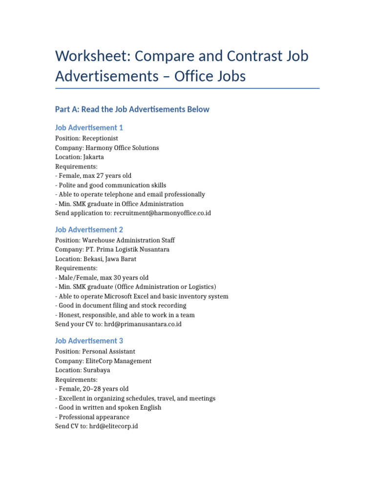 Compare Office Job Advertisements Worksheet | PDF
