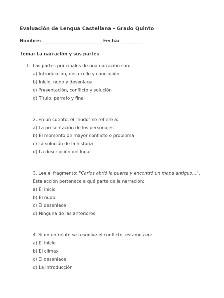 Evaluación de Lengua Castellana 5to - 2P | PDF | Narración | Verbo