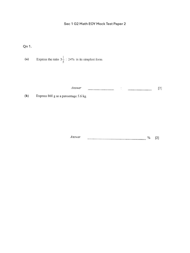 Sec 1 G2 Math EOY Mock Test Paper 2 | PDF