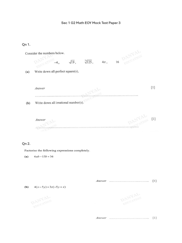 Sec 1 G2 Math EOY Mock Test Paper 3 | PDF