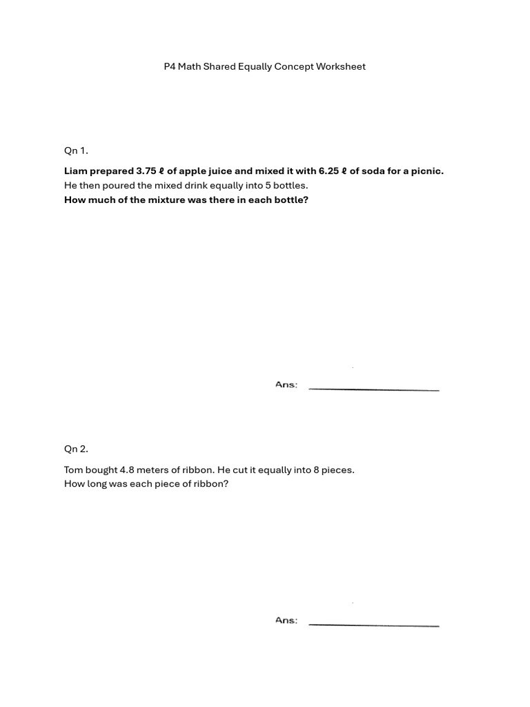 P4 Math: Equal Sharing Problems | PDF