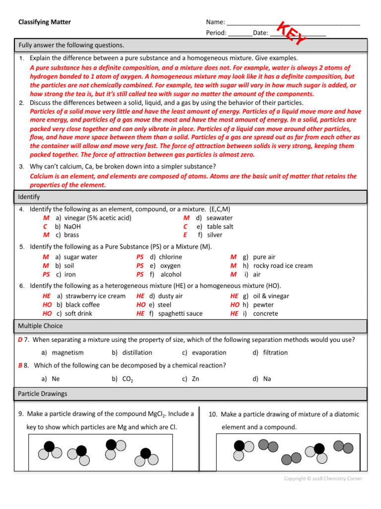 5A KEY Matter Classification HW | PDF | Gases | Chemical Substances