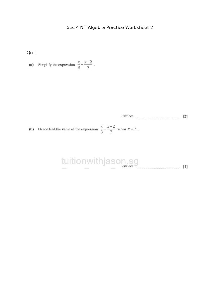 Sec 4 NT Algebra Practice Worksheet 2 | PDF