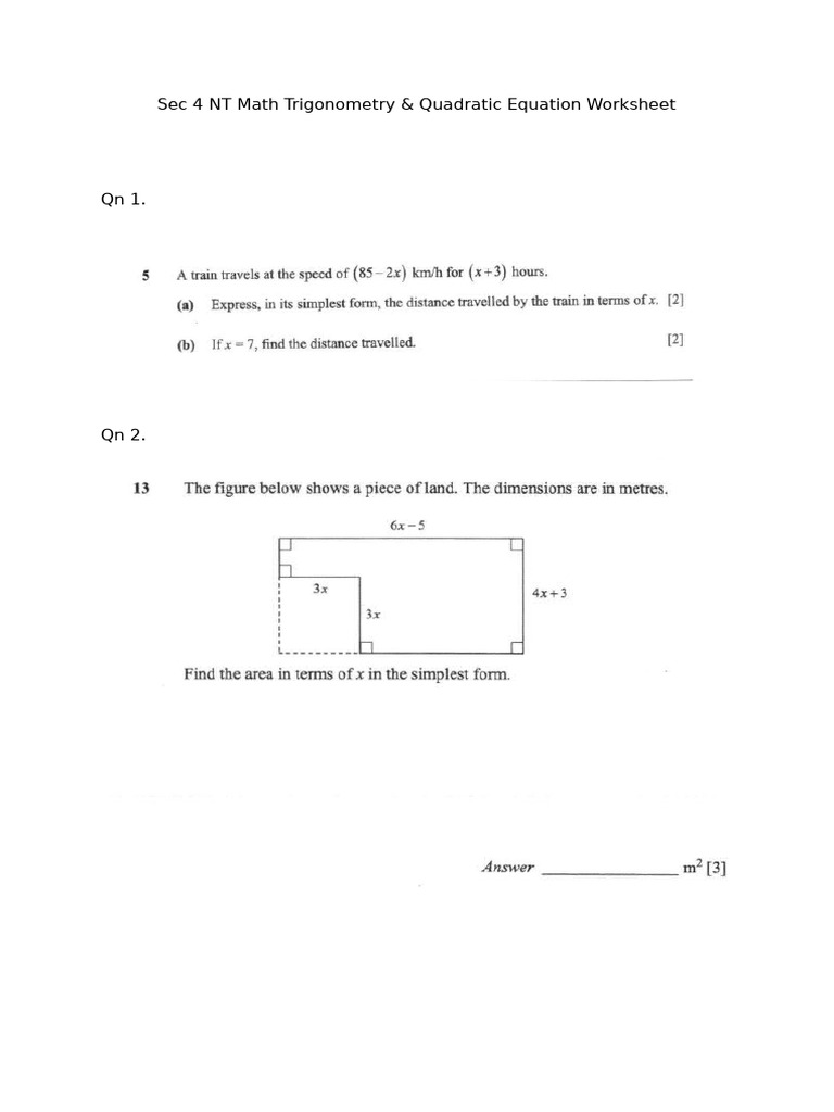 Sec 4 NT Math Quadratic - Equation - Worksheet | PDF