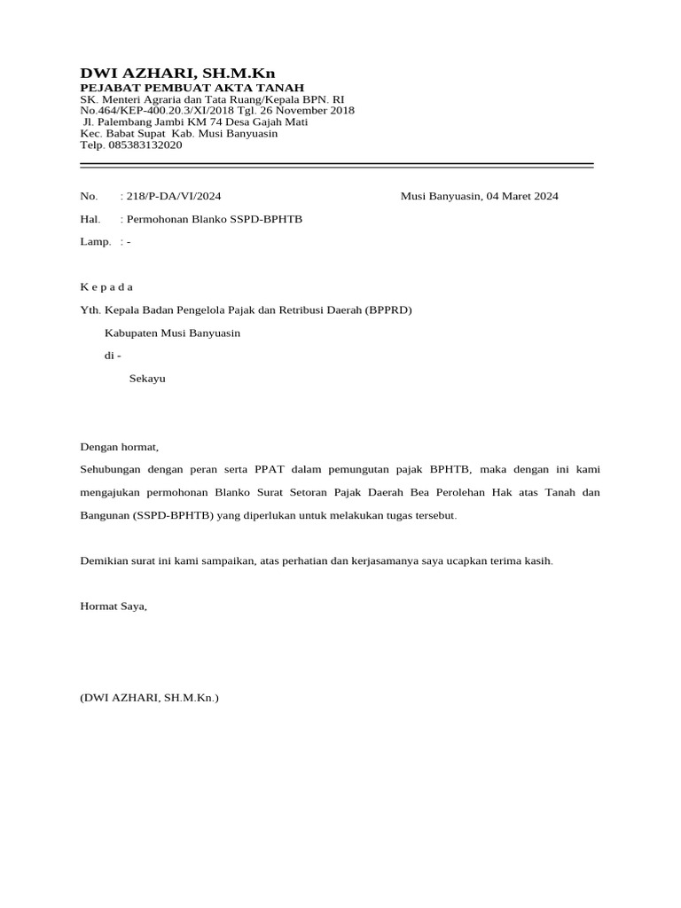 Permohonan SSPD-BPHTB Musi Banyuasin | PDF