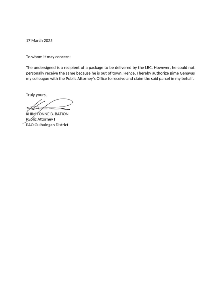Authorization Letter LBC | PDF
