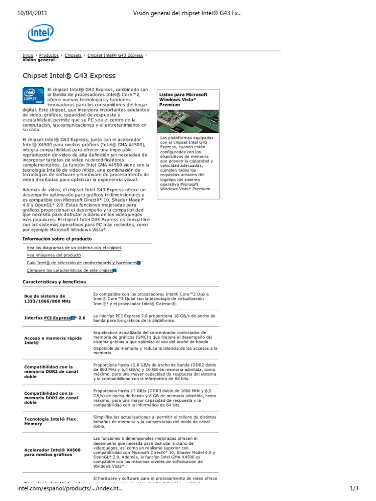 Chipset Intel® G43 Express: Características | PDF | Hdmi | Microprocesador