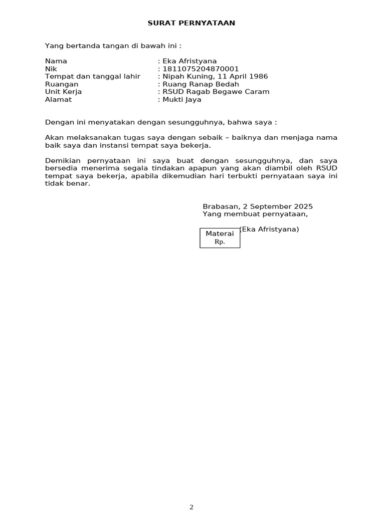 Contoh Surat Pernyataan (1) | PDF