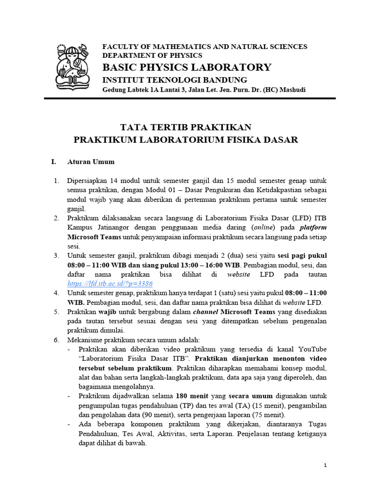 Aturan Umum Dan Tata Tertib Praktikan LFD (Luring) Semester 1 TA 2025-2026 | PDF