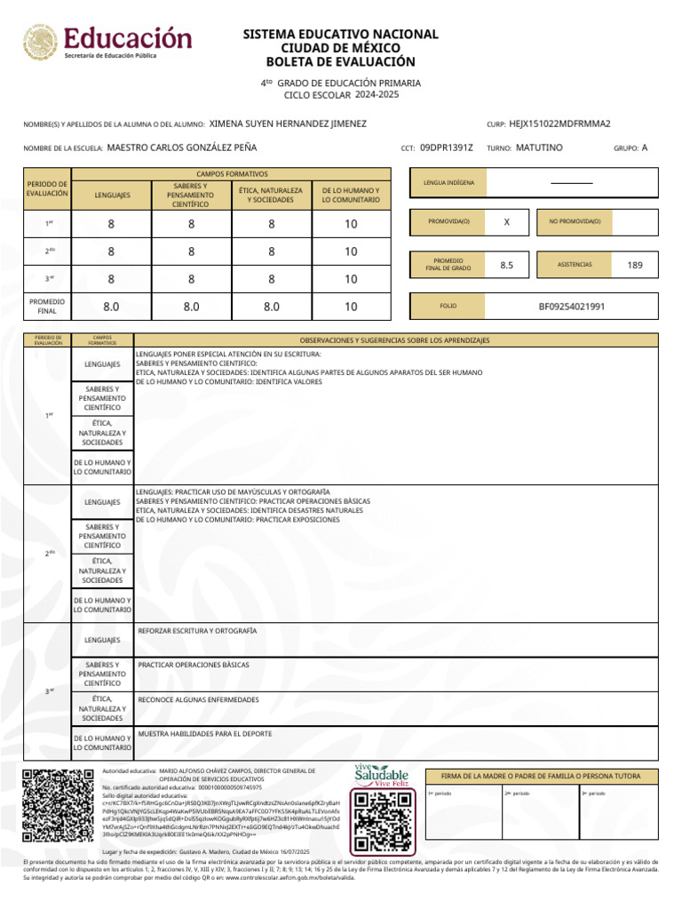 Boleta de Evaluación Primaria 2024-2025 | PDF | Aprendizaje