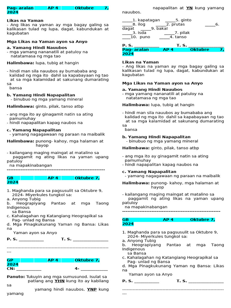 Grade 4 AP Likas Na Yaman Ayon Sa Anyo SN GB GP October 7, 2024 | PDF