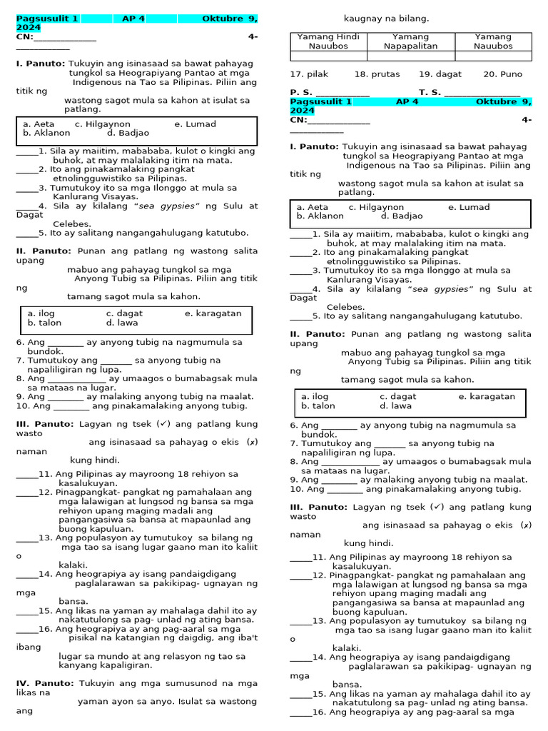 Grade 4 AP Pagsusulit 1 October 9, 2024 | PDF