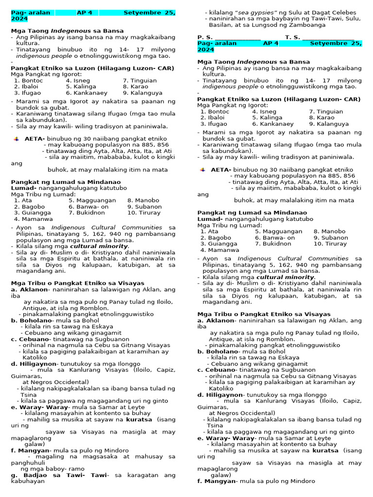 Grade 4 AP SN, GP, Asynchronous Task Mga Taong Indigenous Sa Pilipinas ...