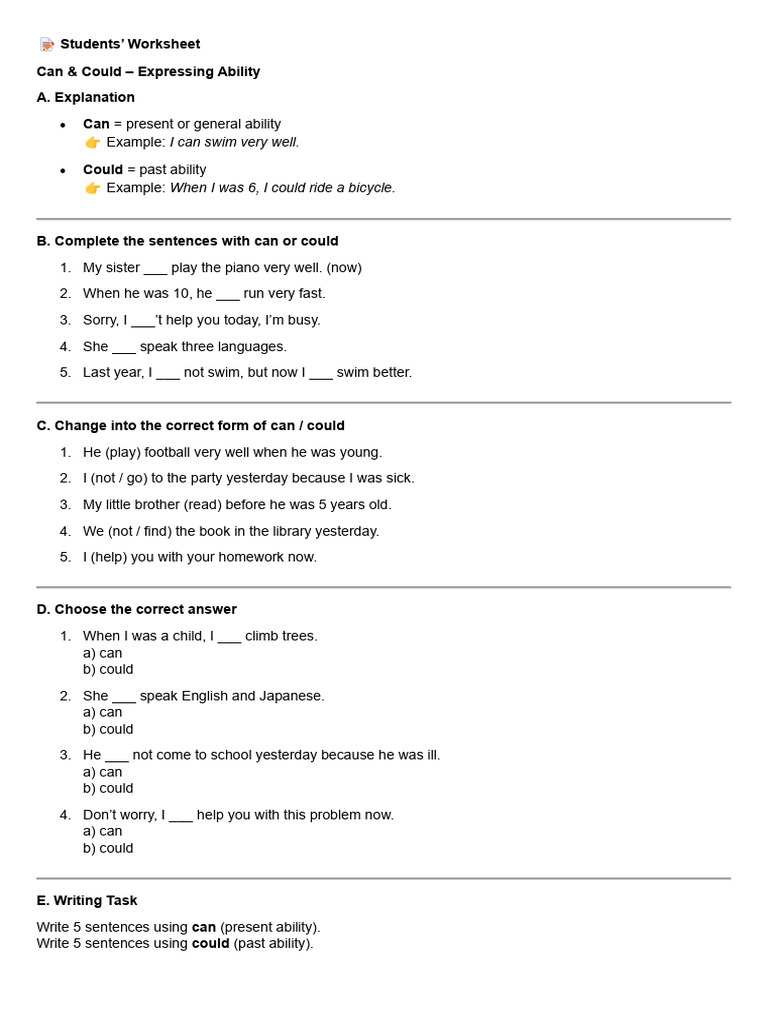 Students Worksheet Ability Can-Could | PDF