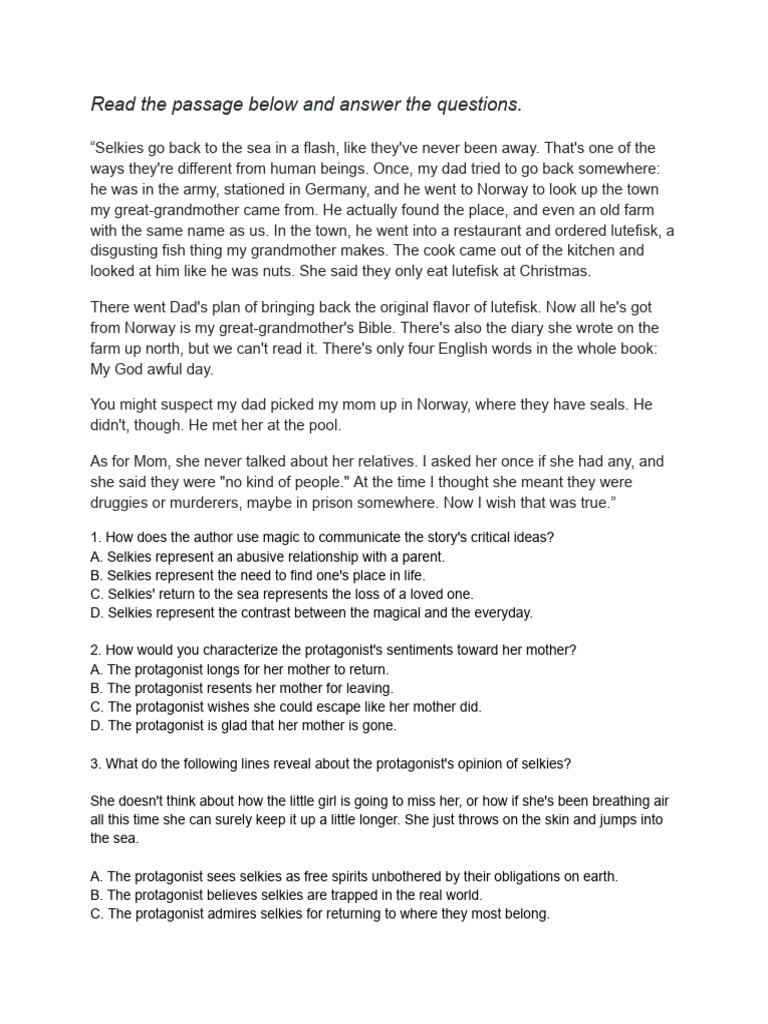 Read The Passage Below and Answer The Questions | PDF | Selkie