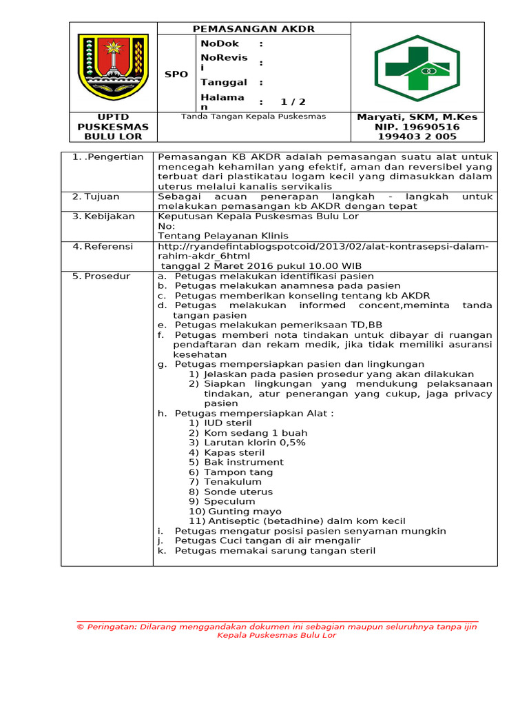Prosedur Pemasangan KB AKDR di Puskesmas | PDF