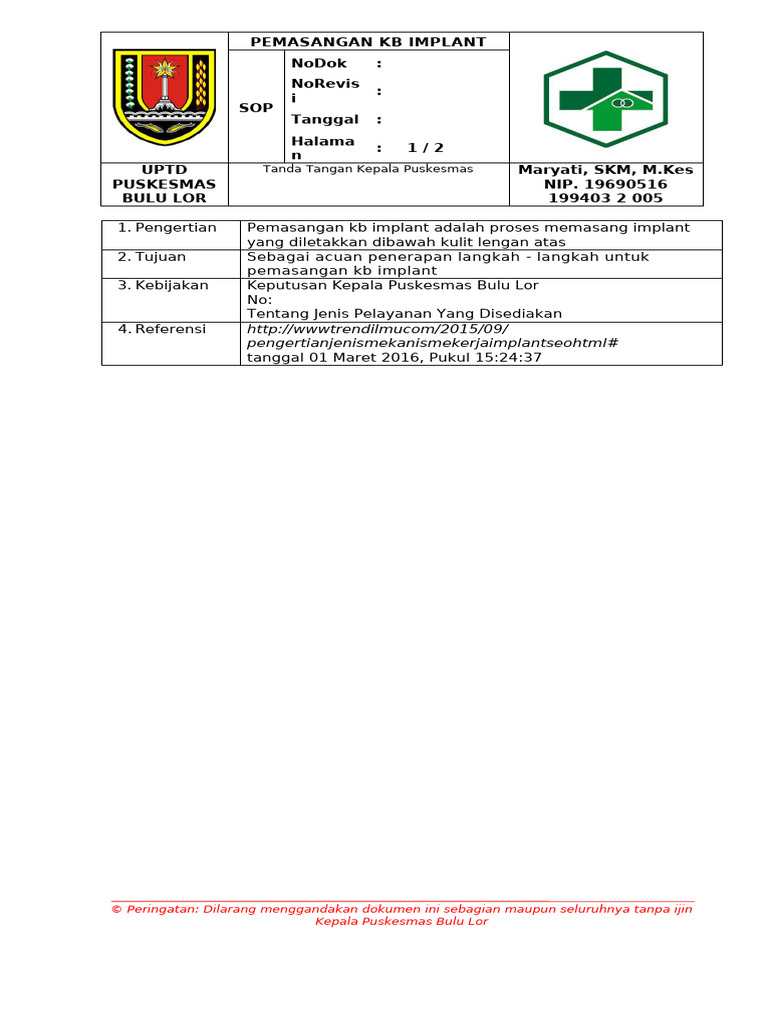 Panduan Pemasangan KB Implant SOP | PDF