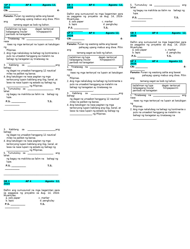 Grade 4 AP GP3 Saligan NG Teritoryo August 12, 2024 | PDF