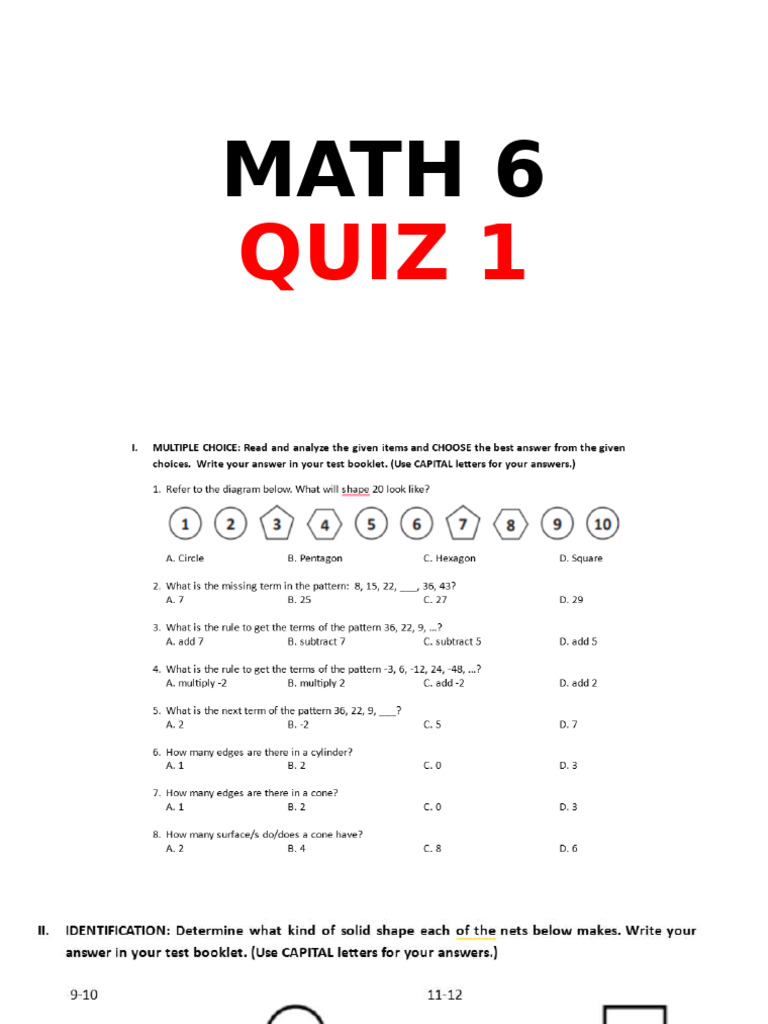 Math 6 - Quiz 1 | PDF