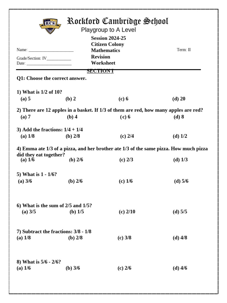Math Revision Worksheet for Grade IV | PDF