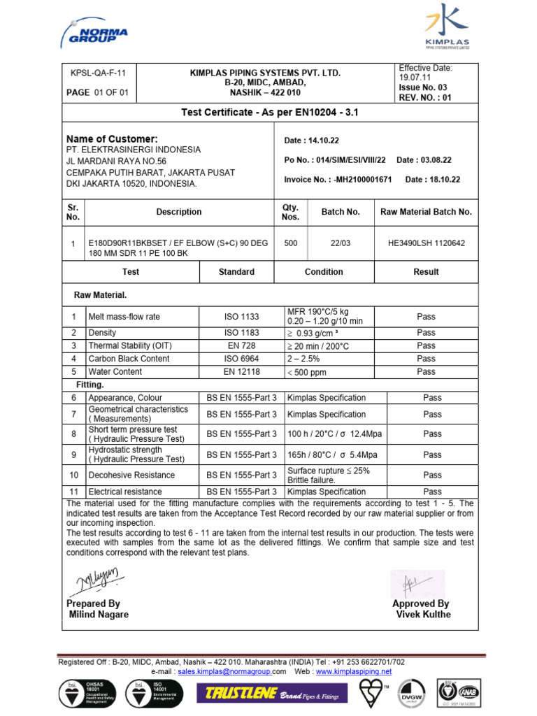 Pt. Elektra TC D 180 Elbow 90° Batch 22-03 | PDF | Physical Sciences ...