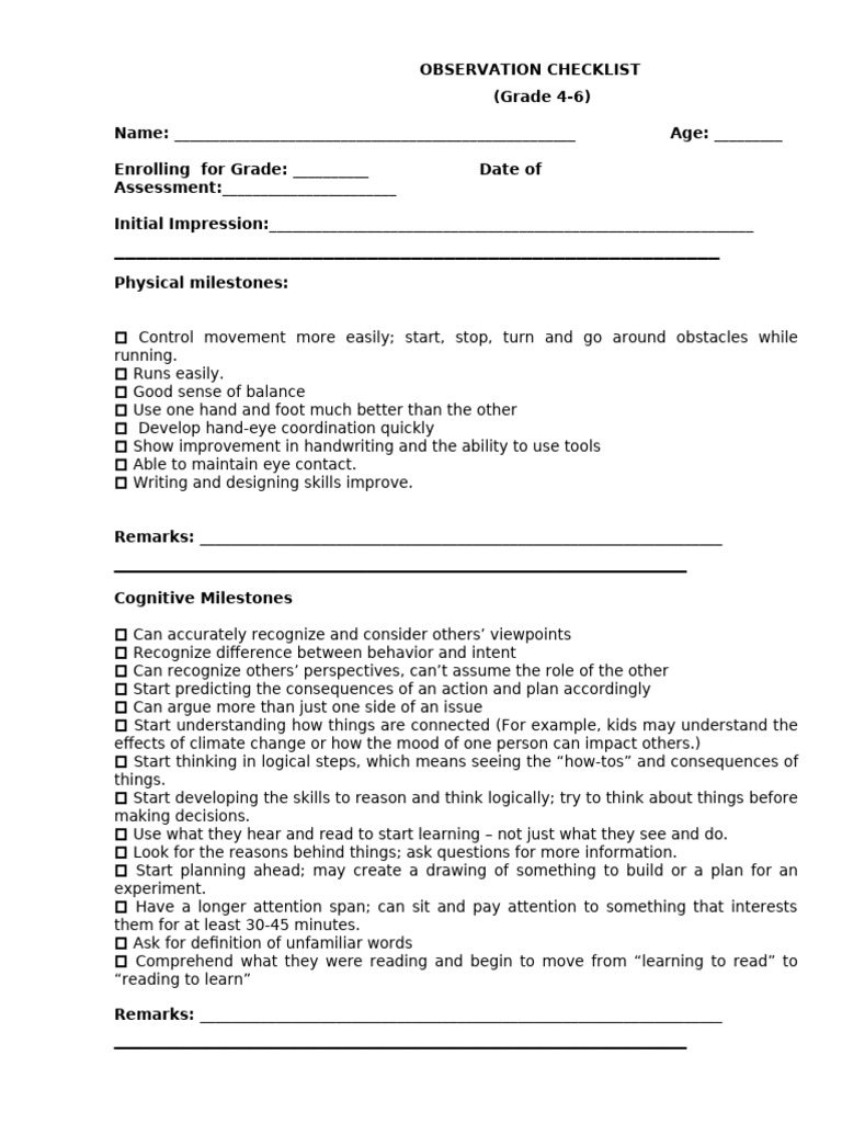 Observation Checklist - Grades 4-6 | PDF | Attention | Intention