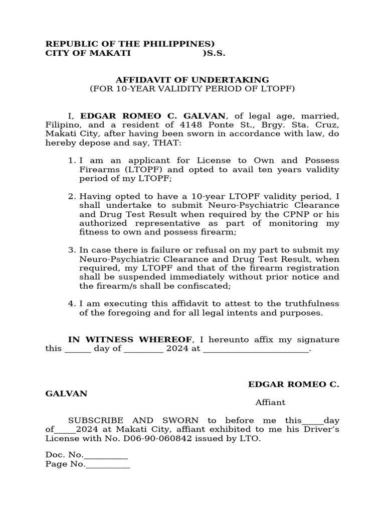 Affidavit Undertaking 10 Years LTOPF | PDF
