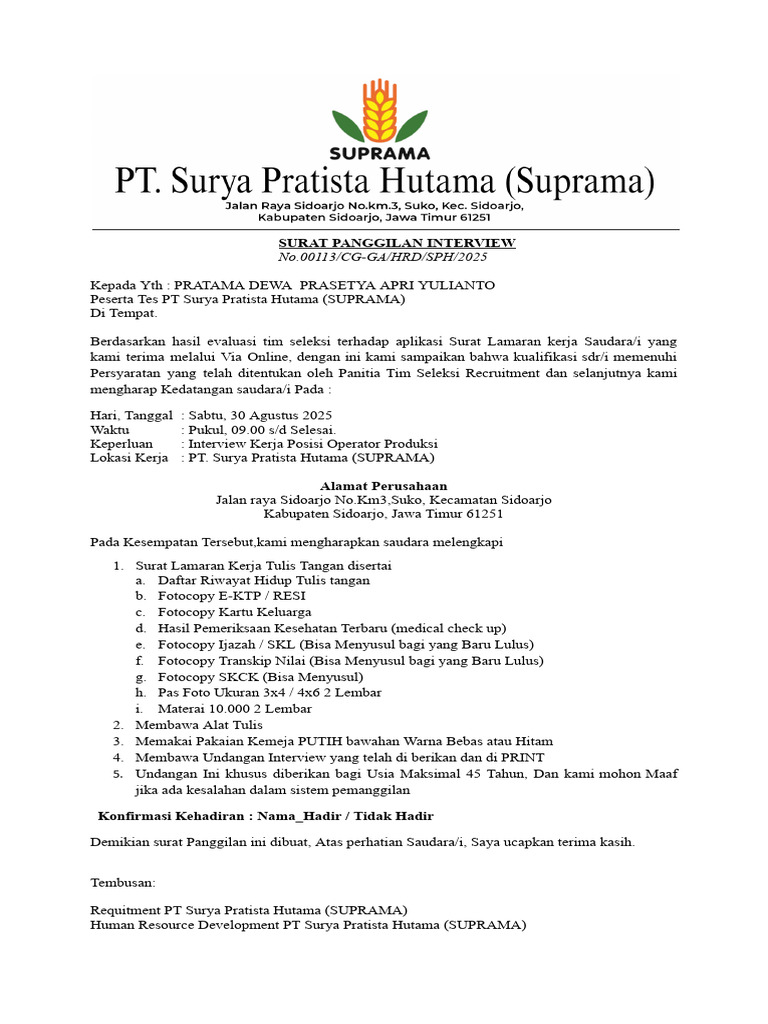 Surat-undangan-Interview - Pratama Dewa Prasetya Apri Yulianto | PDF