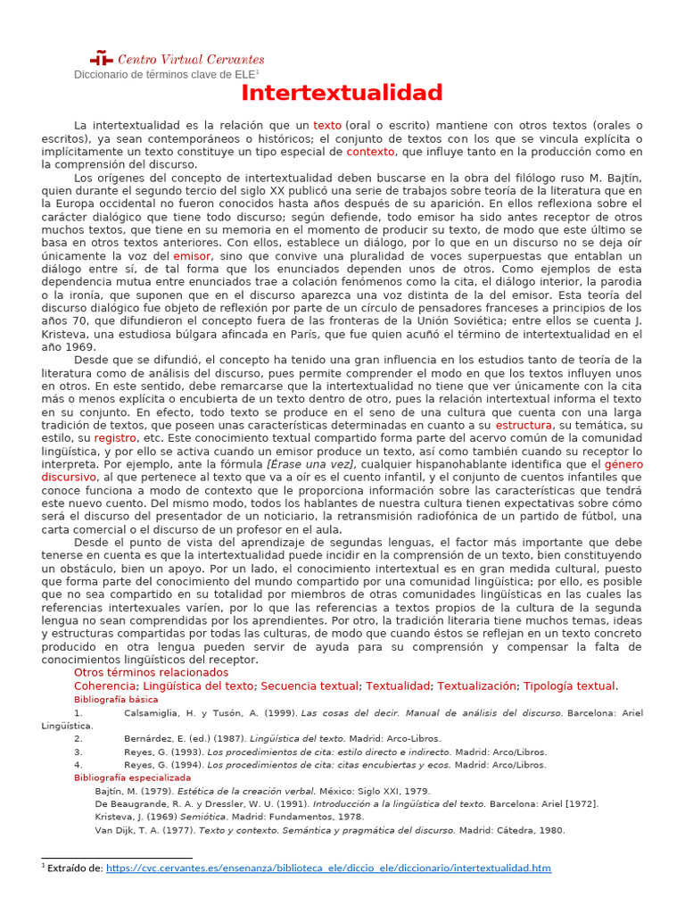 Diccionario de Términos Clave de ELE - INTERTEXTUALIDAD | PDF | Intertextualidad | Educación en ...