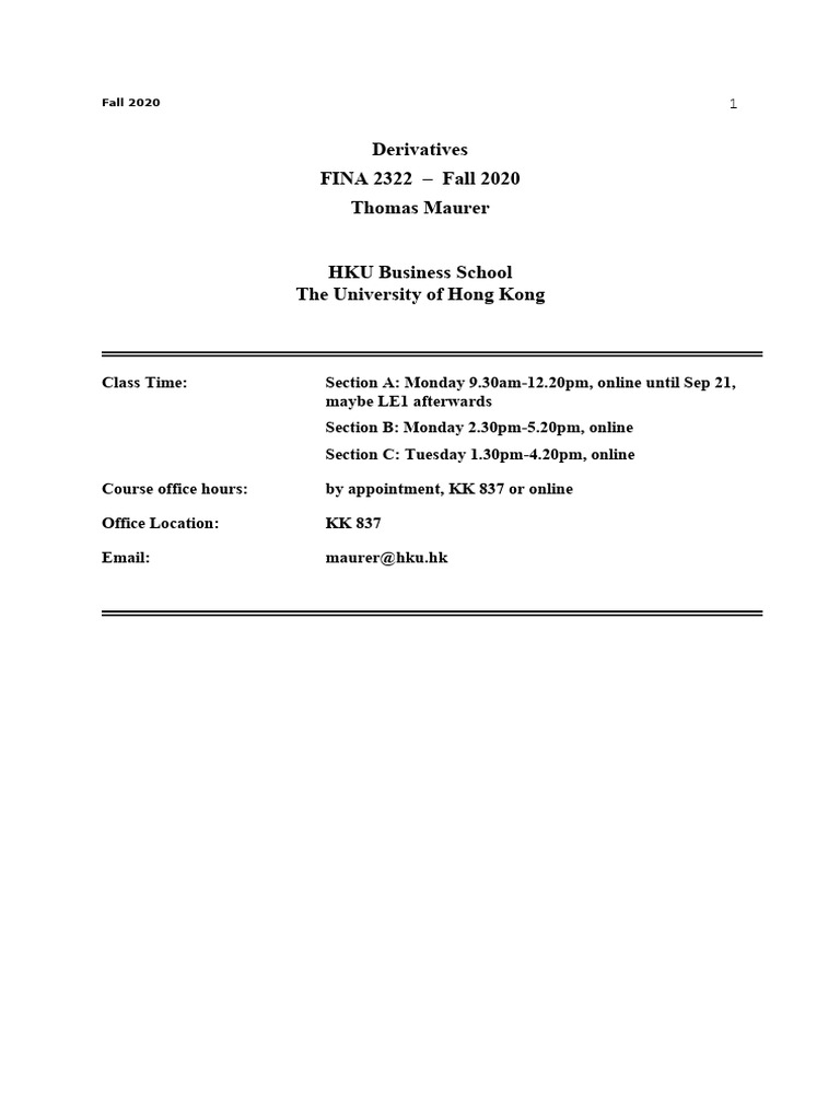 FINA2322 Syllabus | PDF | Derivative (Finance) | Option (Finance)