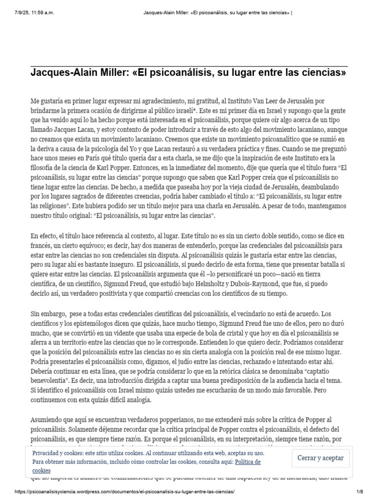 Jacques-Alain Miller - El Psicoanálisis, Su Lugar Entre Las Ciencias ...