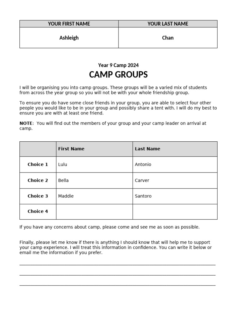 Year 9 Camp Group Selection Guide | PDF
