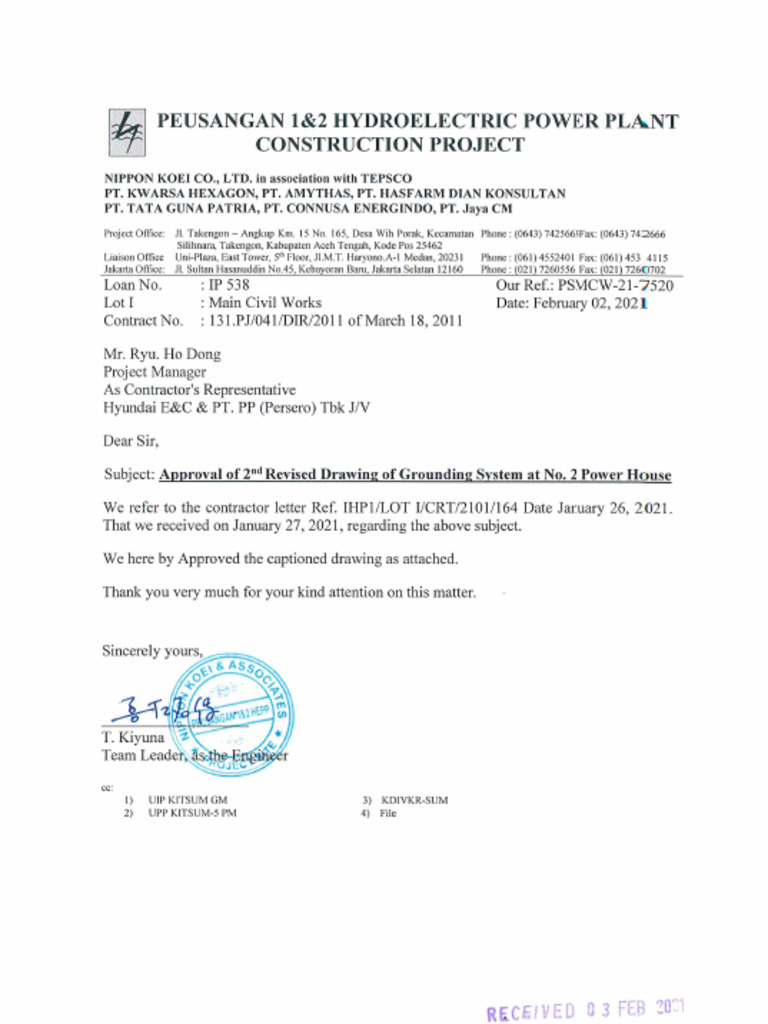 PSMCW-21-7520 Approval of 2nd Revised Drawing of Grounding System at No.2 Power House | PDF