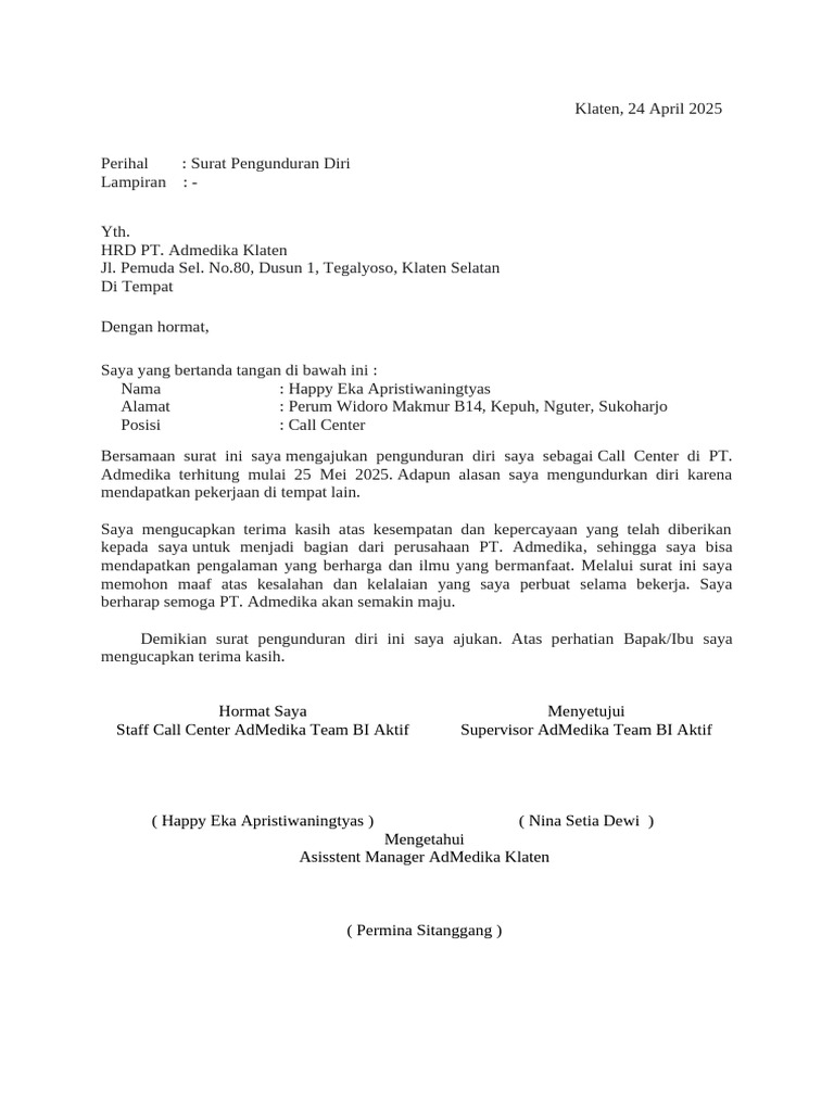 Surat Pengunduran Diri Call Center Admedika | PDF