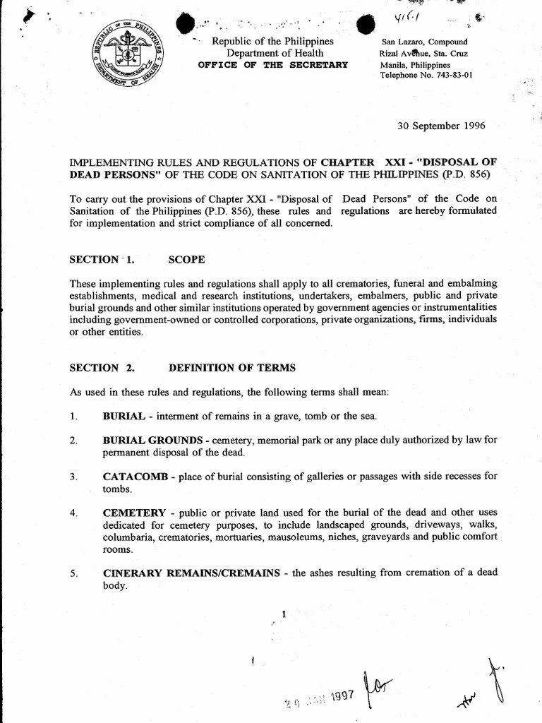 PD 856 Chapter 21 - Disposal of Dead Persons | PDF | Burial | Cremation