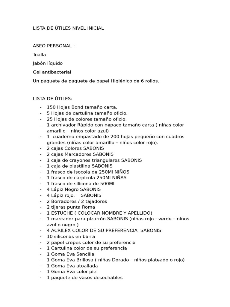 Lista de Útiles Kinder | PDF