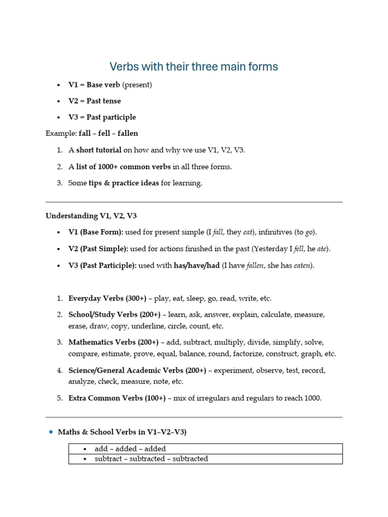 Tutorial On Verbs With Their Three Main Forms | PDF | Mean | Median