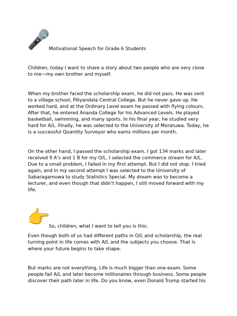 Inspiring Speech for Grade 6 Students | PDF