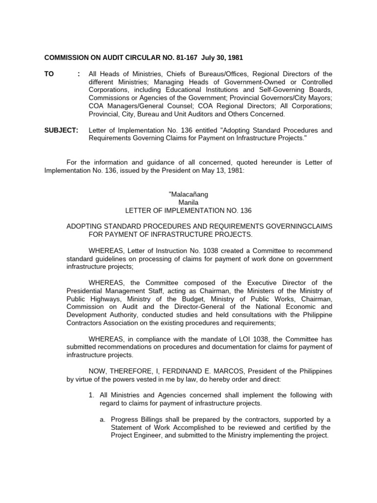 COA Guidelines for Infrastructure Payments | PDF | Audit | President Of ...