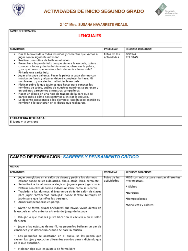 Actividades de Inicio para Segundo Grado | PDF